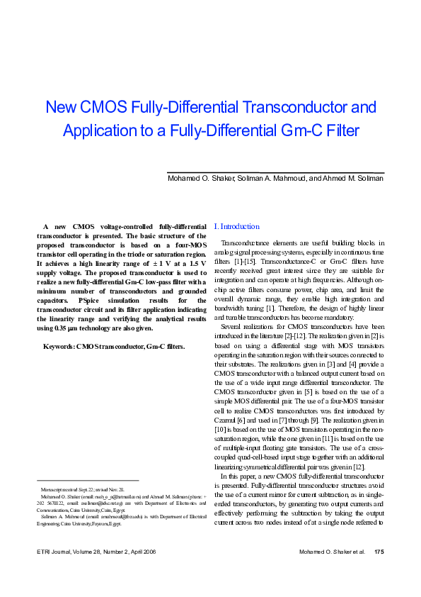 Pdf New Cmos Fully Differential Transconductor And Application To A Fully Differential Gm C Filter