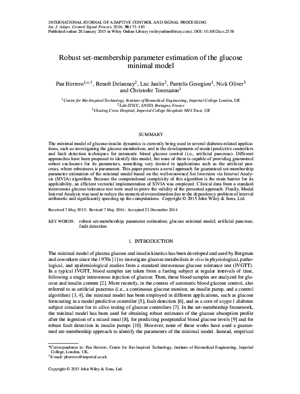 (PDF) Robust set-membership parameter estimation of the glucose minimal model