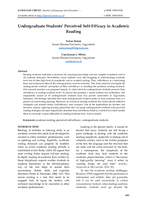 (PDF) Undergraduate Students’ Perceived Self-Efficacy in Academic Reading | Yulius Nahak ...