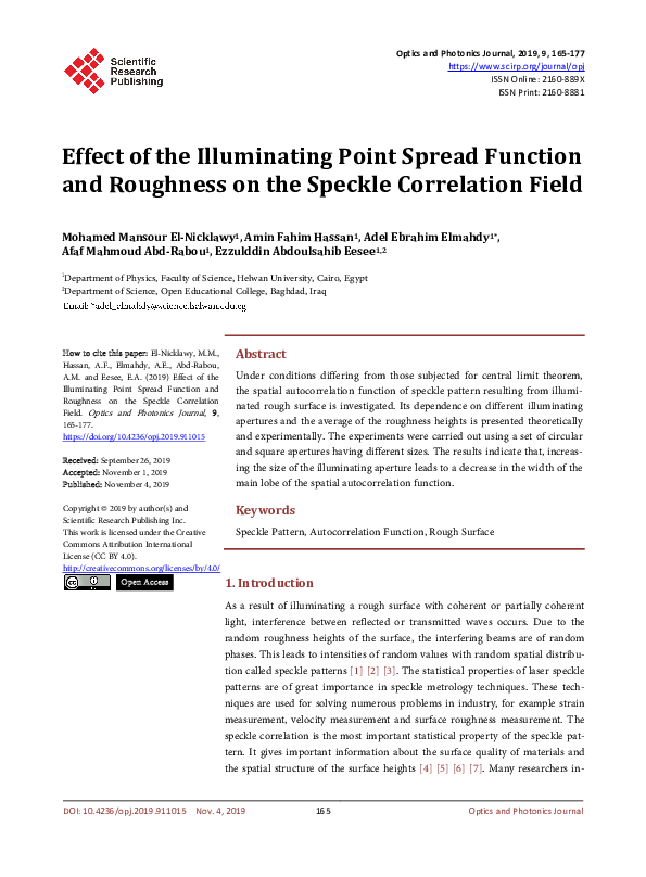 Pdf Effect Of The Illuminating Point Spread Function And Roughness On The Speckle Correlation