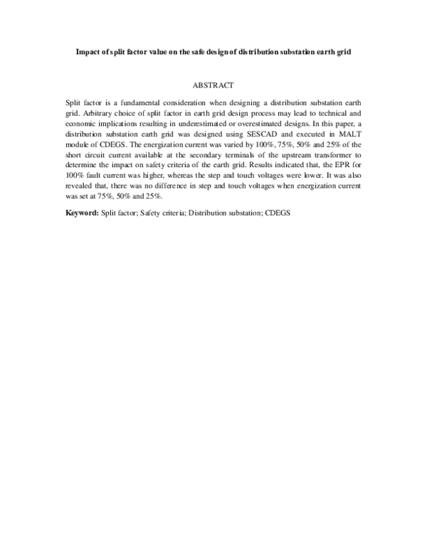(PDF) Impact of split factor value on the safe design of distribution substation earth grid ...