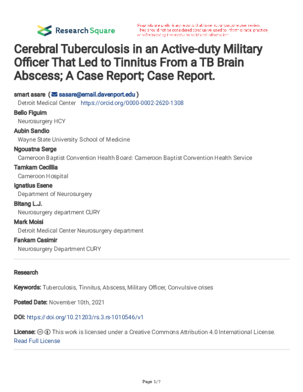 (PDF) Cerebral Tuberculosis in an Active-duty Military Officer That Led ...