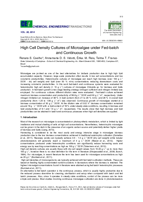 Pdf High Cell Density Cultures Of Microalgae Under Fed Batch And