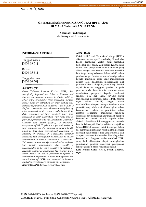 (PDF) Optimalisasi Penerimaan Cukai HPTL Vape DI Masa Yang Akan Datang