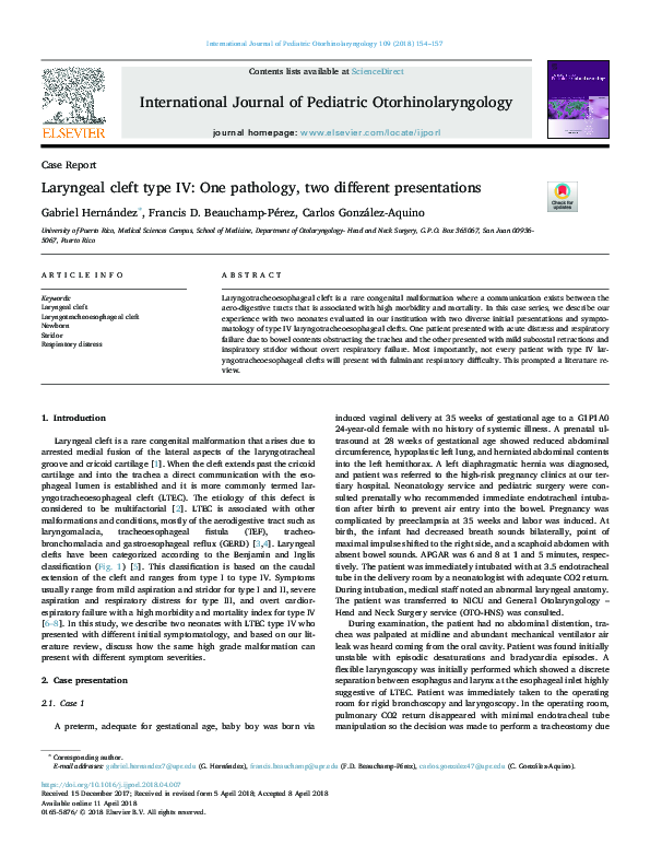 Pdf Laryngeal Cleft Type Iv One Pathology Two Different Presentations