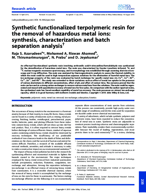 (PDF) Synthetic functionalized terpolymeric resin for the removal of hazardous metal ions ...