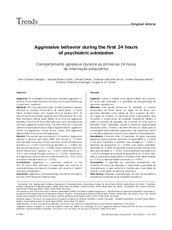 (PDF) Aggressive behavior during the first 24 hours of psychiatric admission