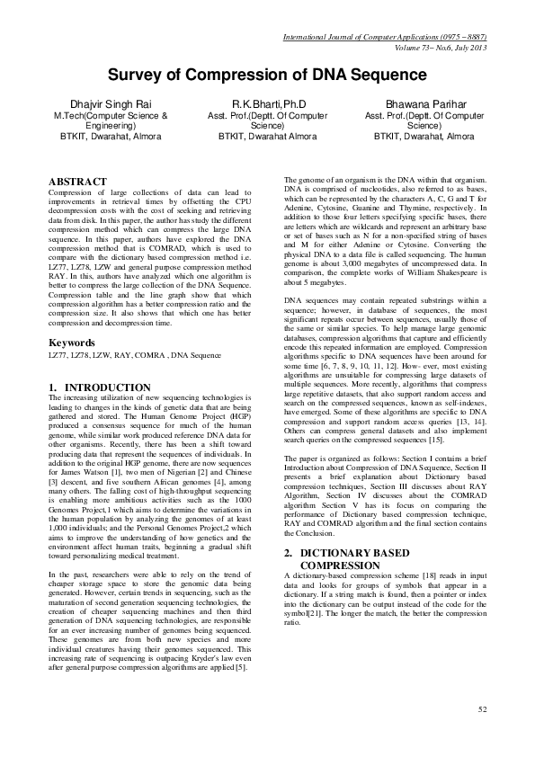 (PDF) Survey of Compression of DNA Sequence