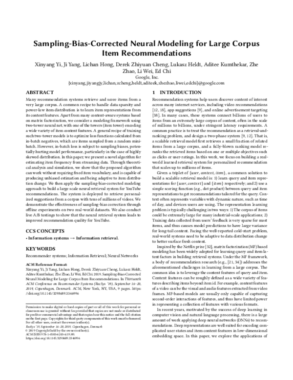 (PDF) Sampling-bias-corrected neural modeling for large corpus item recommendations