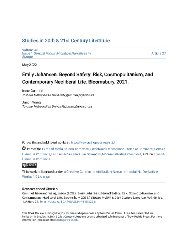 (PDF) Emily Johansen. Beyond Safety: Risk, Cosmopolitanism, and ...