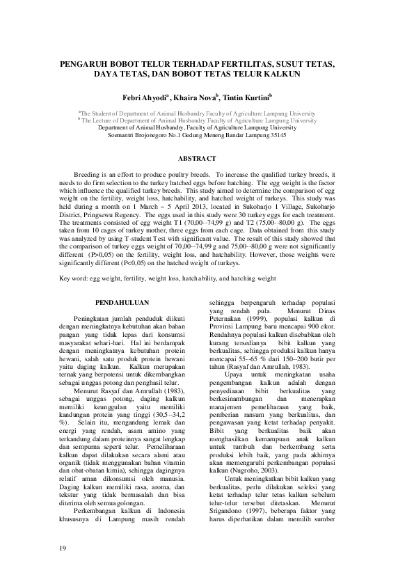 (PDF) Pengaruh Bobot Telur Terhadap Fertilitas, Susut Tetas, Daya Tetas ...