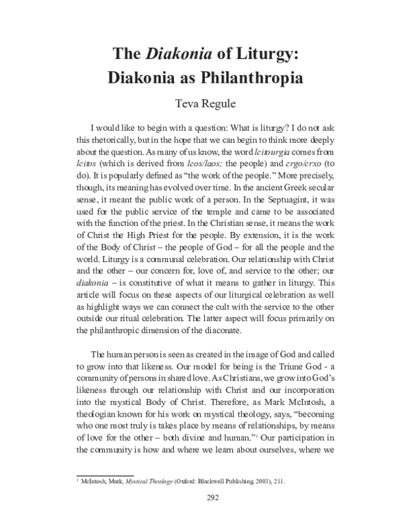 (PDF) The Diakonia of Liturgy: Diakonia as Philanthropia
