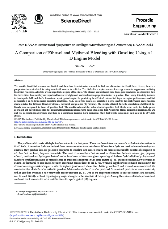 (PDF) A Comparison of Ethanol and Methanol Blending with Gasoline Using ...