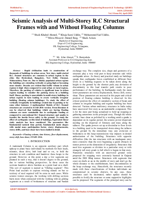 (PDF) Seismic Analysis of Multi-Storey R.C StructuralFrames with and Without Floating Columns