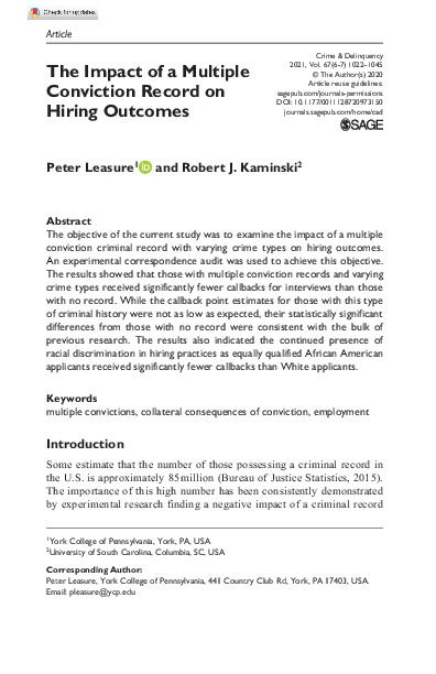 (PDF) The Impact of a Multiple Conviction Record on Hiring Outcomes