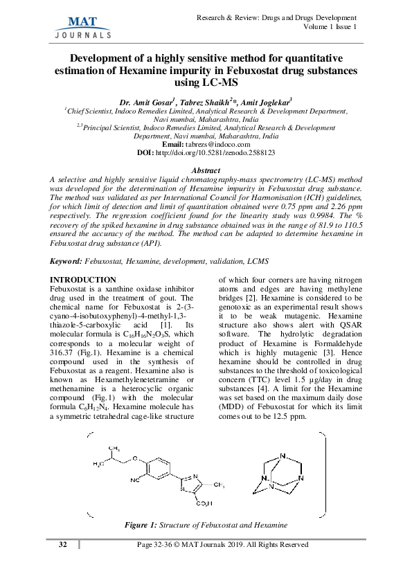 Pdf Development Of A Highly Sensitive Method For Quantitative Estimation Of Hexamine Impurity