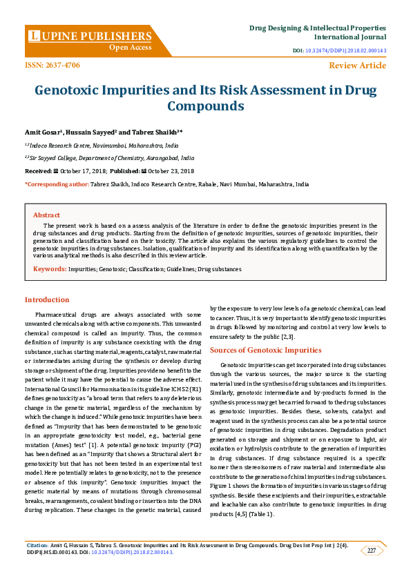 (PDF) Genotoxic Impurities and Its Risk Assessment in Drug Compounds ...