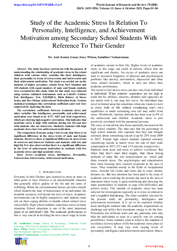(PDF) Study of the Academic Stress In Relation To Personality, Intelligence, and Achievement ...
