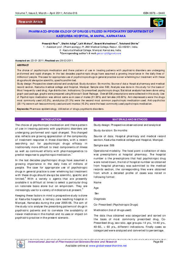 (PDF) PHARMACO-EPIDEMIOLOGY OF DRUGS UTILIZED IN PSYCHIATRY DEPARTMENT ...