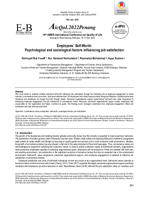 (PDF) Employees’ Self-Worth: Psychological and sociological factors ...