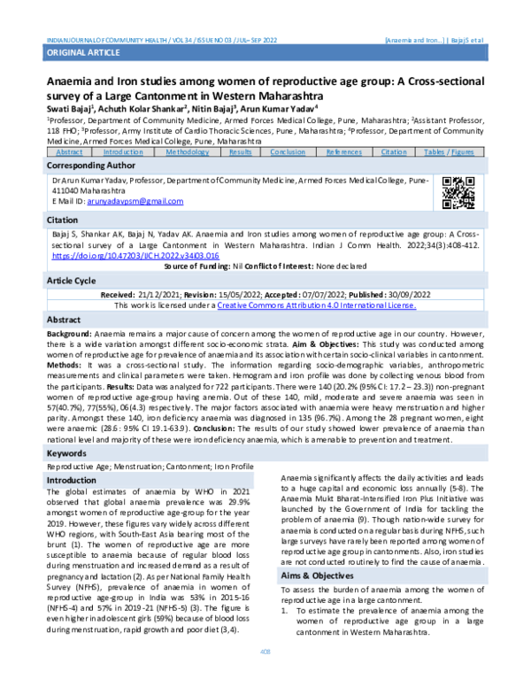 (PDF) Anaemia and Iron studies among women of reproductive age group: A ...