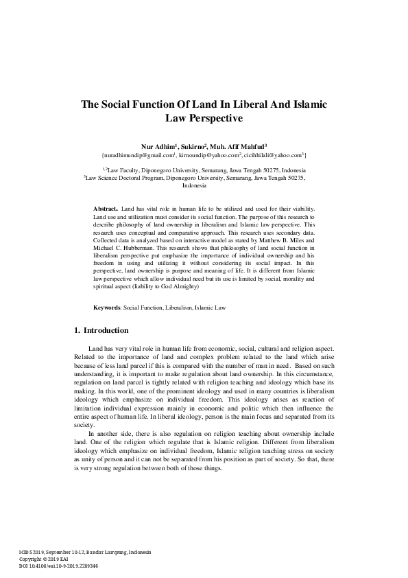 (PDF) The Social Function Of Land In Liberal And Islamic Law Perspective