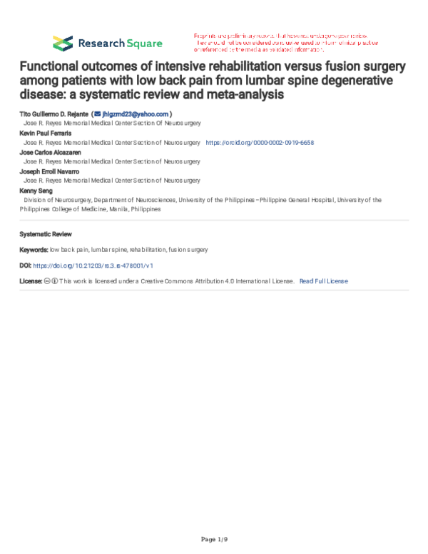 (PDF) Functional outcomes of intensive rehabilitation versus fusion ...