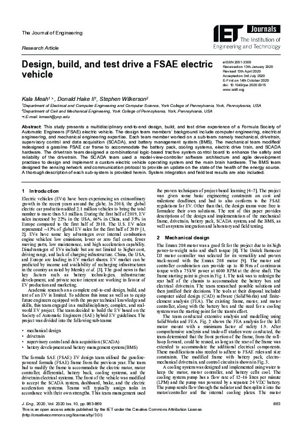 (PDF) Design, build, and test drive a FSAE electric vehicle
