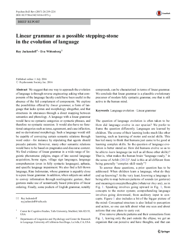 (PDF) Linear grammar as a possible stepping-stone in the evolution of ...