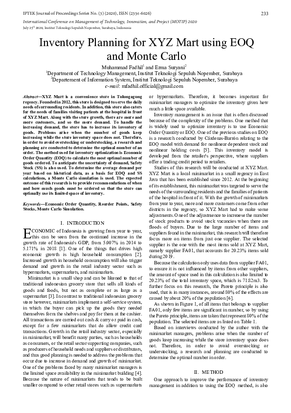 (PDF) Inventory Planning for XYZ Mart using EOQ and Monte Carlo