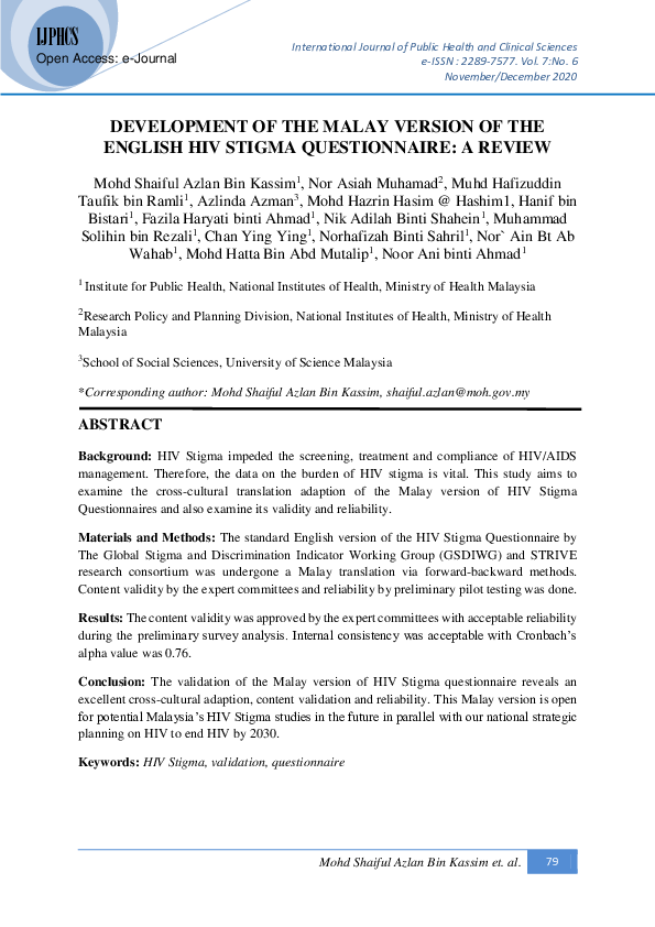 Pdf Development Of The Malay Version Of The English Hiv Stigma Questionnaire A Review