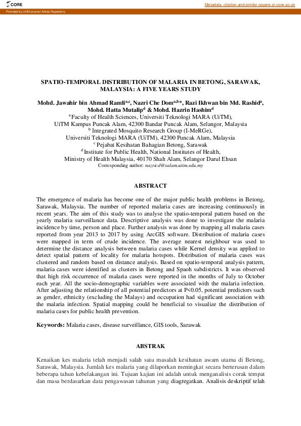 (PDF) Spatio-Temporal Distribution of Malaria in Betong, Sarawak, Malaysia: A Five Years Study