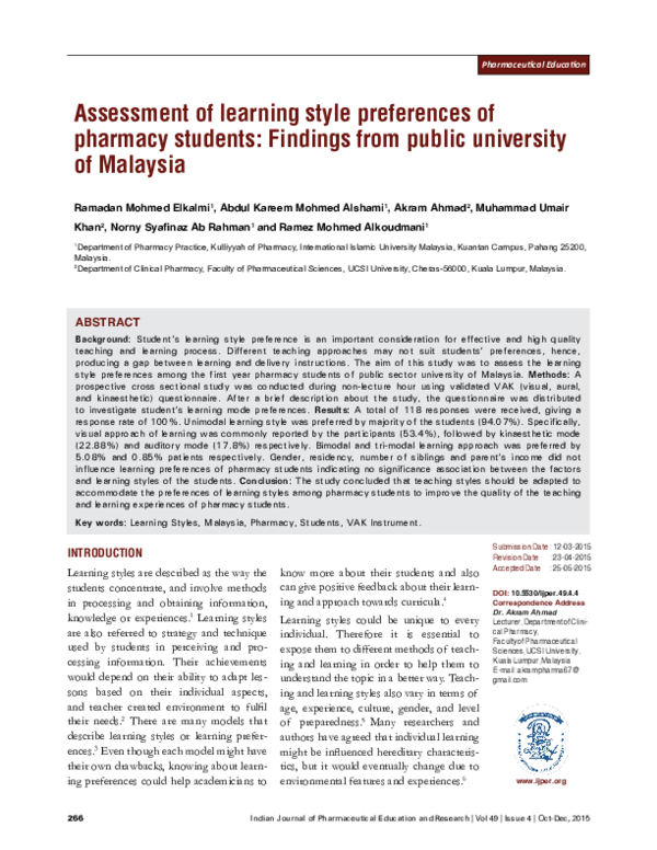 (PDF) Assessment of learning style preferences of pharmacy students ...