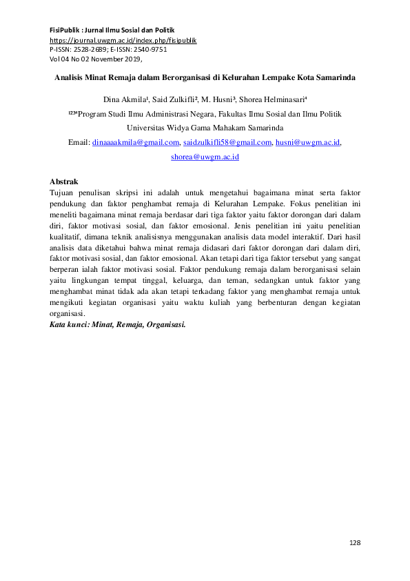 (PDF) Analisis Minat Remaja dalam Berorganisasi di Kelurahan Lempake ...