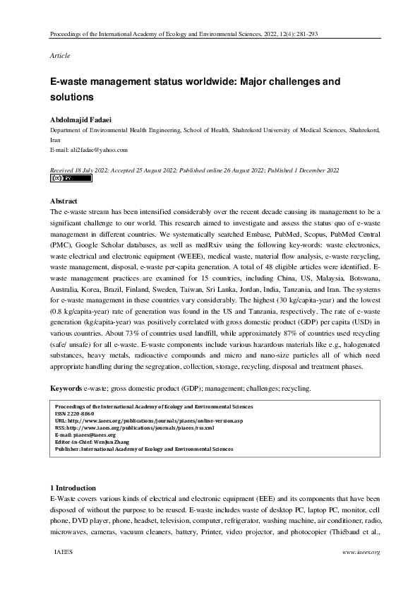 (PDF) E-waste management status worldwide: Major challenges and solutions