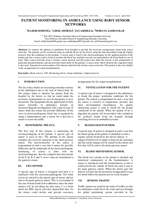 Pdf Patient Monitoring In Ambulance Using Body Sensor Networks