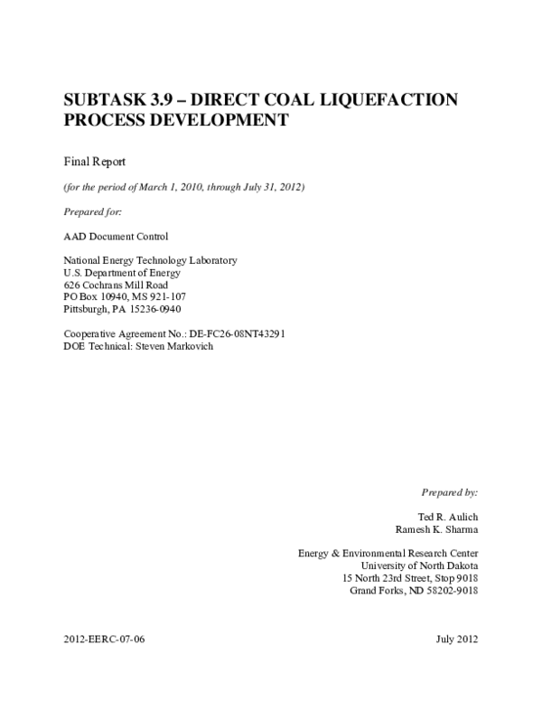 (PDF) Subtask 3.9 - Direct Coal Liquefaction Process Development