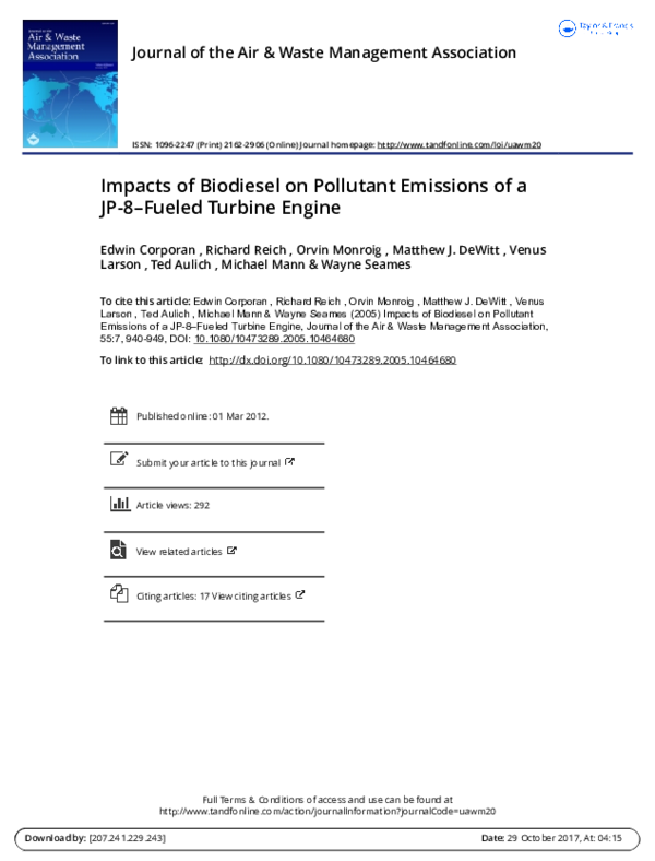 (PDF) Impacts of Biodiesel on Pollutant Emissions of a JP-8–Fueled ...