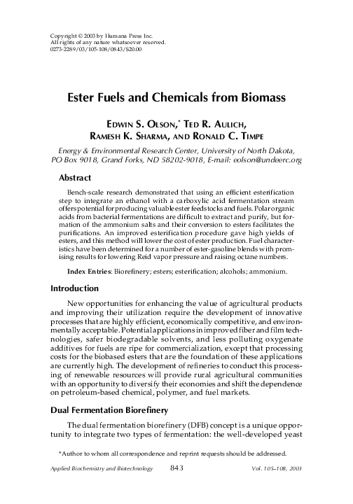 (PDF) Ester Fuels and Chemicals from Biomass