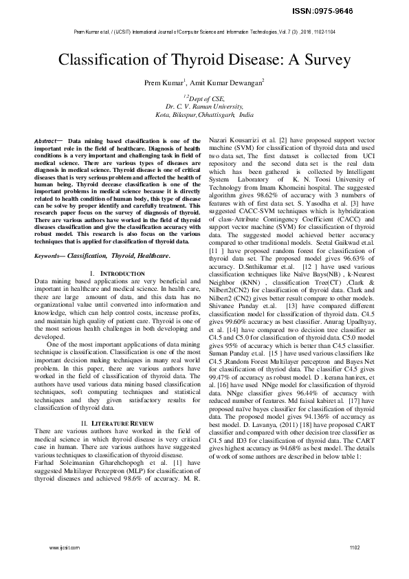 (PDF) Classification of Thyroid Disease : A Survey