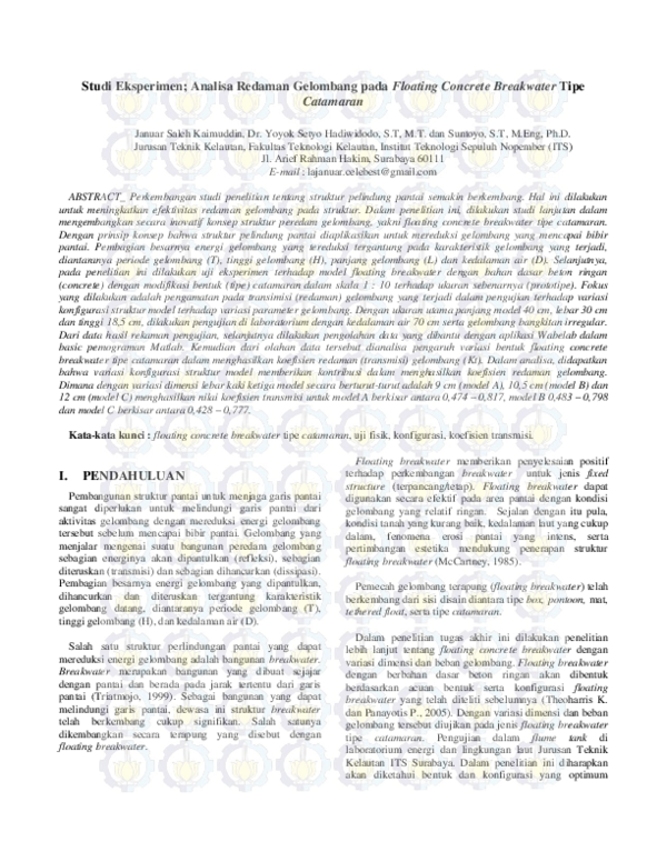 (PDF) Studi Eksperimen Analisa Redaman Gelombang Pada Floating Concrete Breakwater Tipe Catamaran