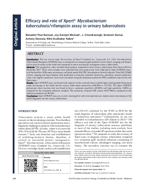 (PDF) {"__content__"=>"Efficacy and role of Xpert/rifampicin assay in urinary tuberculosis ...