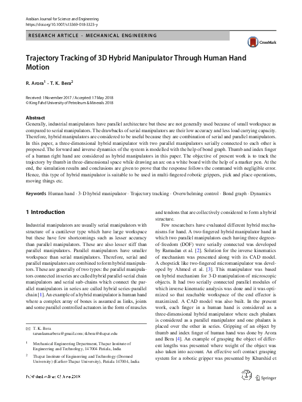(PDF) Trajectory Tracking of 3D Hybrid Manipulator Through Human Hand ...