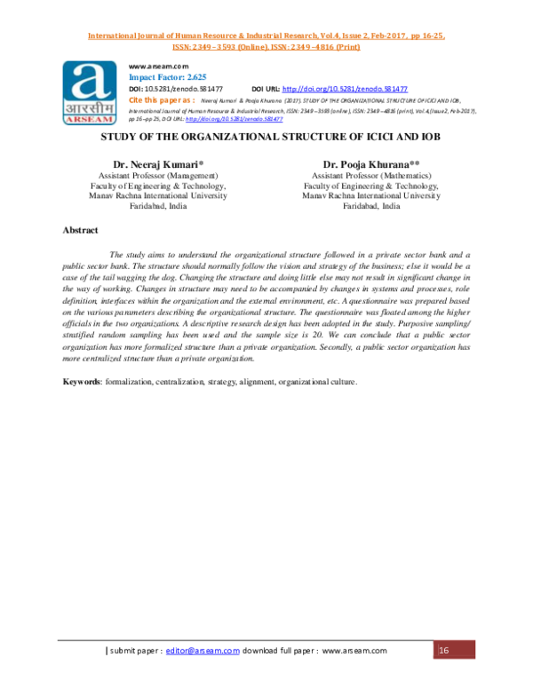 (PDF) Study Of The Organizational Structure Of Icici And Iob