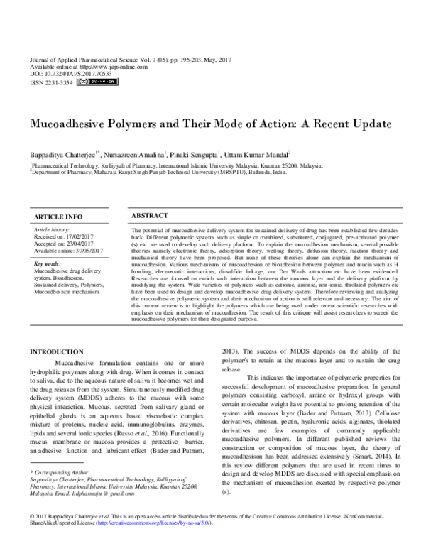 (PDF) Mucoadhesive Polymers and Their Mode of Action: A Recent Update