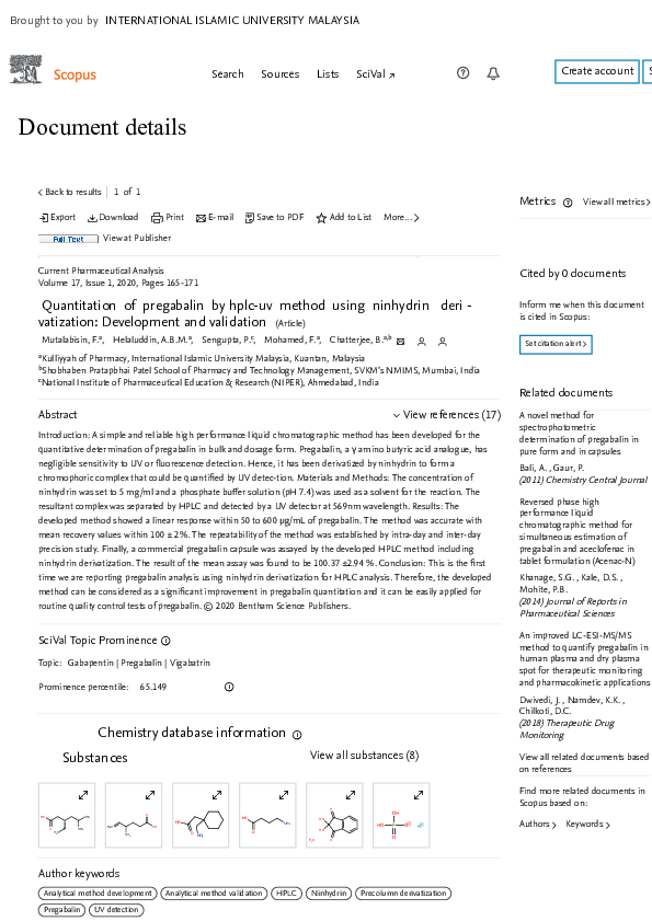 Pdf Quantitation Of Pregabalin By Hplc Uv Method Using Ninhydrin Derivatization Development