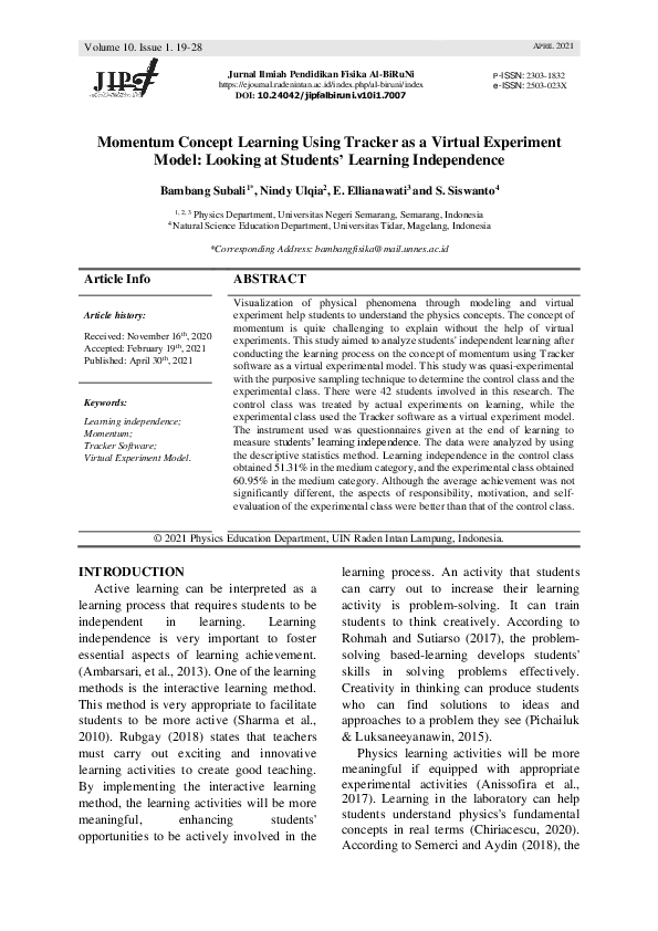 (PDF) Momentum Concept Learning Using Tracker as a Virtual Experiment Model: Looking at Students ...