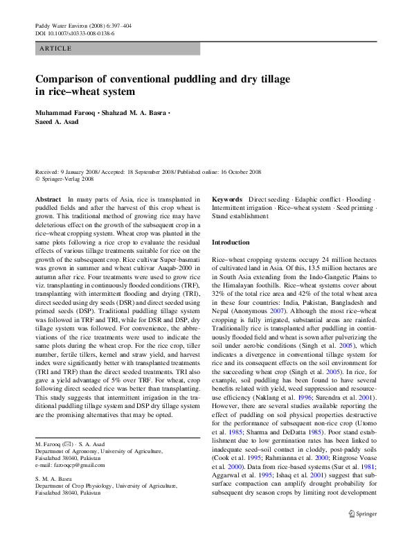 (PDF) Comparison of conventional puddling and dry tillage in rice–wheat ...