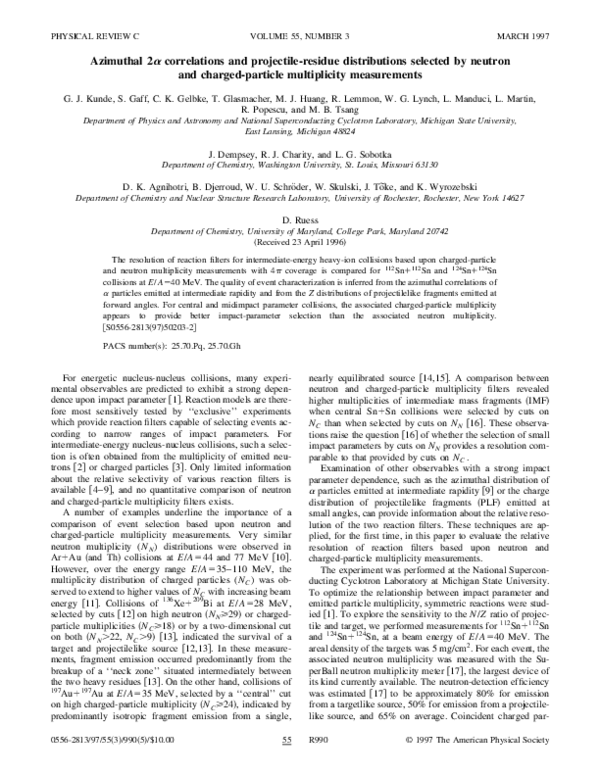 Pdf Azimuthal 2α Correlations And Projectile Residue Distributions Selected By Neutron And