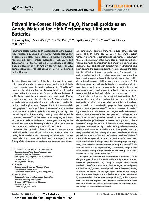 (PDF) Polyaniline-Coated Hollow Fe2O3Nanoellipsoids as an Anode Material for High-Performance ...